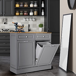 UEV Double Kitchen Trash Cabinets,Two Tilt Out Trash Cabinets with Solid Hideaway Drawers,Free Standing Wooden Kitchen Trash Can Recycling Cabinet Trash Can Holder (Grey)