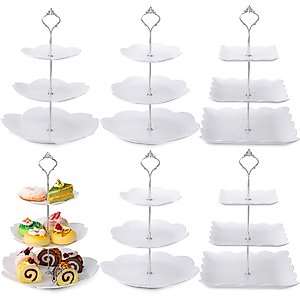 6 Packs Dessert Stand 3 Tiers Plastic Cupcake Stand serving tray Cupcake Display Stand Cookie Trays for Parties Round Flower Square Candy Trays for Display Party and Platters for Home (Silver)