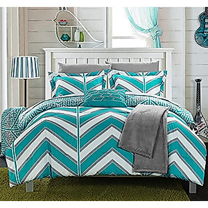 Chic Home Laredo Chevron and Geometric Printed Reversible Comforter Sheet Set, Full, Aqua