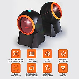 Hands-Free Barcode Scanner, 1D 2D Desktop Barcode Scanner, QR Barcode Reader with Adjustable Screen Scanning, USB Barcode Reader with Voice Mention for Supermarket, Restaurant, Retailers