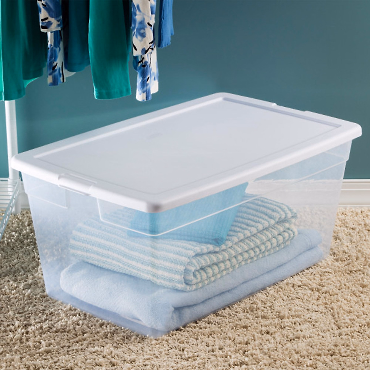 Sterilite 90 Qt Storage Box, Stackable Bin with Lid, Plastic Container to Organize Clothes, Blankets, Towels in Closet, Clear with White Lid, ‎29.75"L x 13.5"W x 18.75"H, 4-Pack