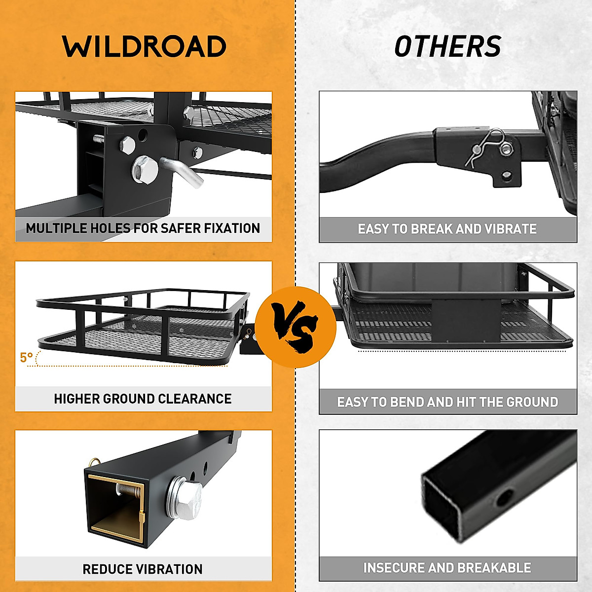 Wildroad Hitch Cargo Carrier Basket Combo 60" x 24" x 6" 500 LBS Folding Trailer Hitch Cargo Carrier Fits 2" Receiver with 18.2 Cubic feet Cargo Bag, Hitch Stabilizer, Cargo Net and Ratchet Straps