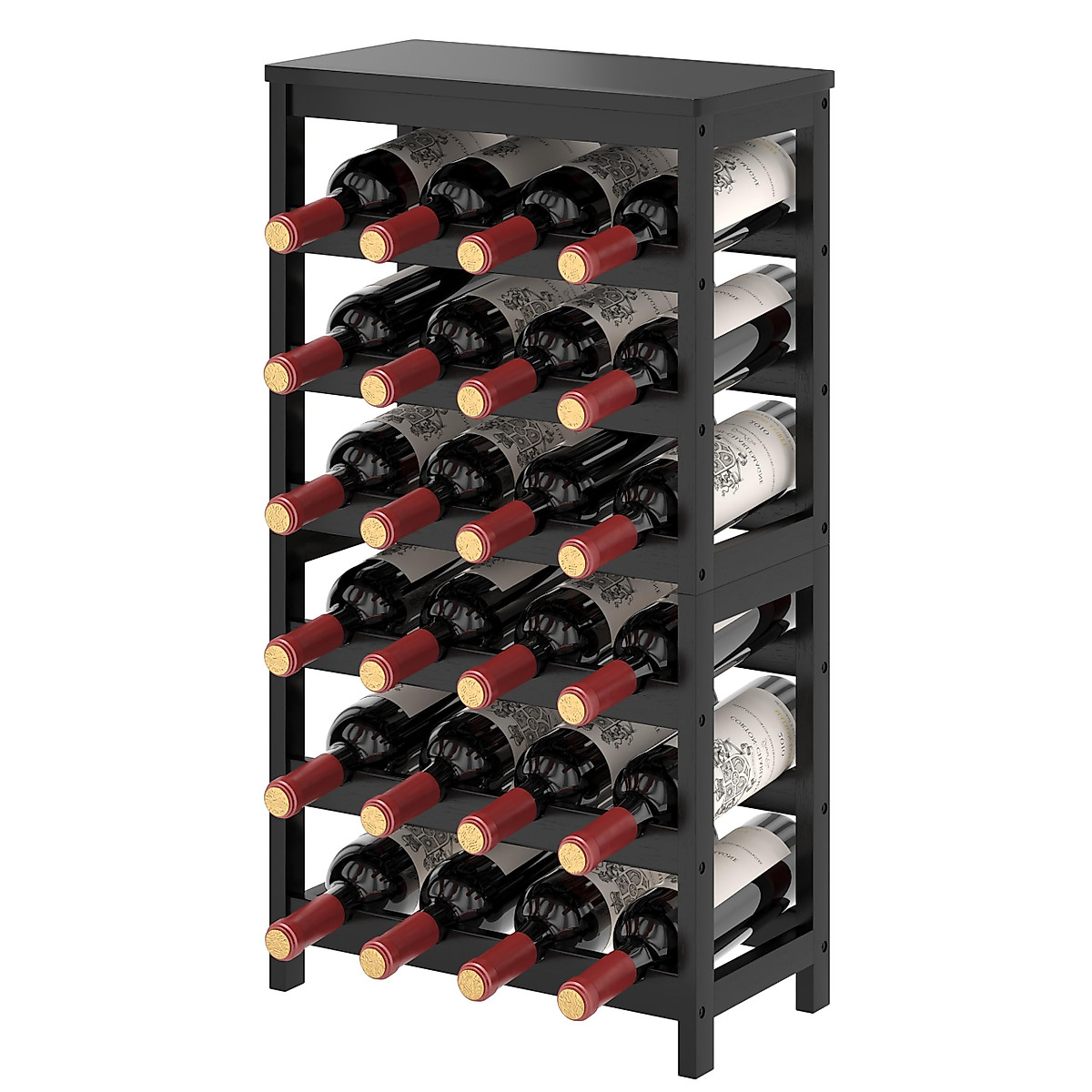 MOGELAFOO 24-Bottle Wine Rack Freestanding Floor, 6-Tier Wine Storage Shelves with Black Table Top, Stackable Bamboo Wine Display Rack Shelf for Kitchen, Bar, Dining Room