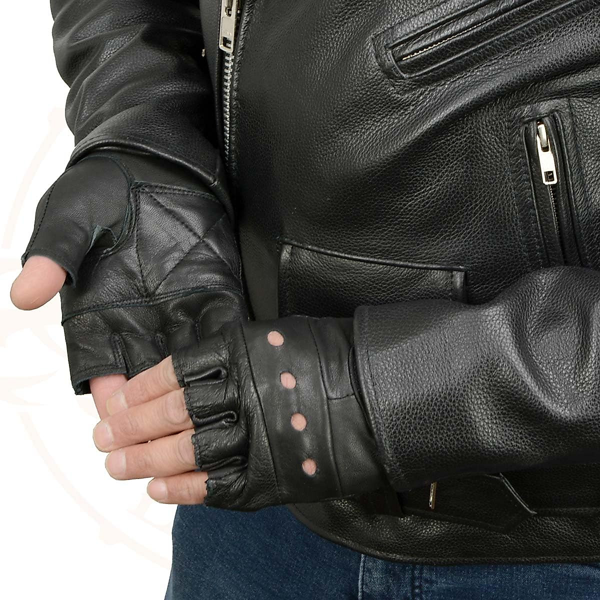 Milwaukee Leather SH216 Men's Black Leather Gel Padded Palm Fingerless Motorcycle Hand Gloves W/Breathable ‘Open Knuckle’ - XX-Large