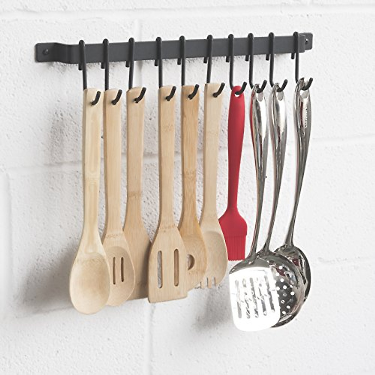 Wallniture Gourmet Kitchen Rail with 10 Hooks, Wall Mounted Wrought Iron Hanging Utensil Holder Rack with Black 17 Inch
