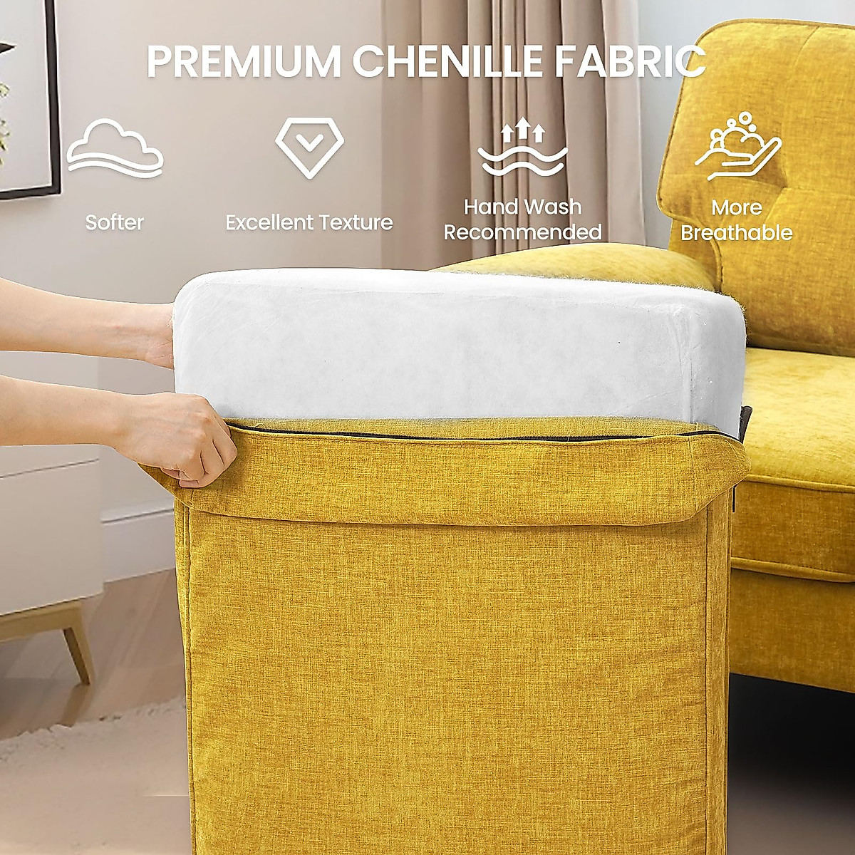 82" Ginger L Shape Sofa Couch w/Chaise Sleeper, Chenille Small Golden Sectional Couch with Chaise Mid-Modern Century Sofa for Living Room, Apartment, and Office with Removable and Washable Cushions