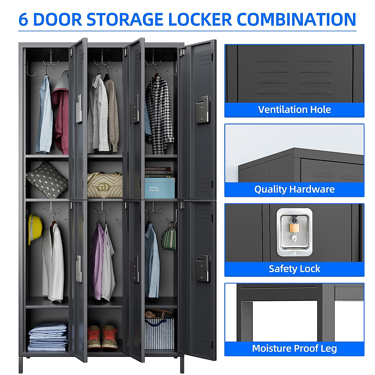SUPEER 6 Doors Metal Lockers for Employees with Lock, Metal Locker with 18 Hooks for School Garage Office Gym Home,Assembly Required,Dark Grey