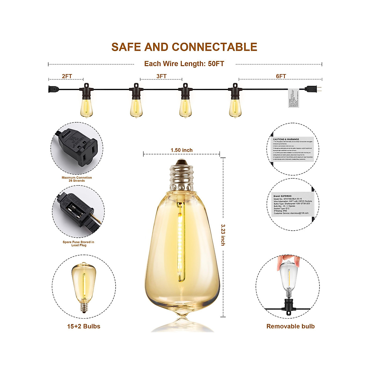 SUFEIMAS LED Outdoor String Lights Waterproof - NEW MODE 50FT Patio Lights 15+2 Vintage Shatterproof Plastic Bulbs,IP65 Edison String Lights for Outside Backyard Balcony Bistro Cafe Garden