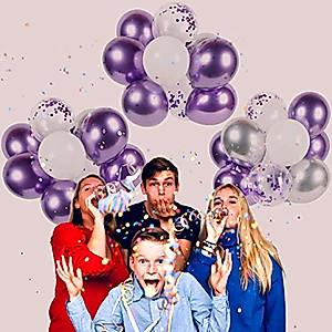 Purple, silver metal balloons and white balloons with purple confetti balloons, each pack of 50 12-inch party balloons birthday, wedding party decoration.