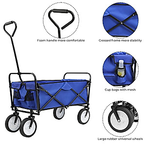 Arlopu Collapsible Folding Wagon Cart, Outdoor Park Utility Garden Wagon with 2 Cup Holders, Heavy Duty Portable Picnic Camping Cart for Shopping, Sport, Beach, Camping, Grocery, 150 LBS (Blue)