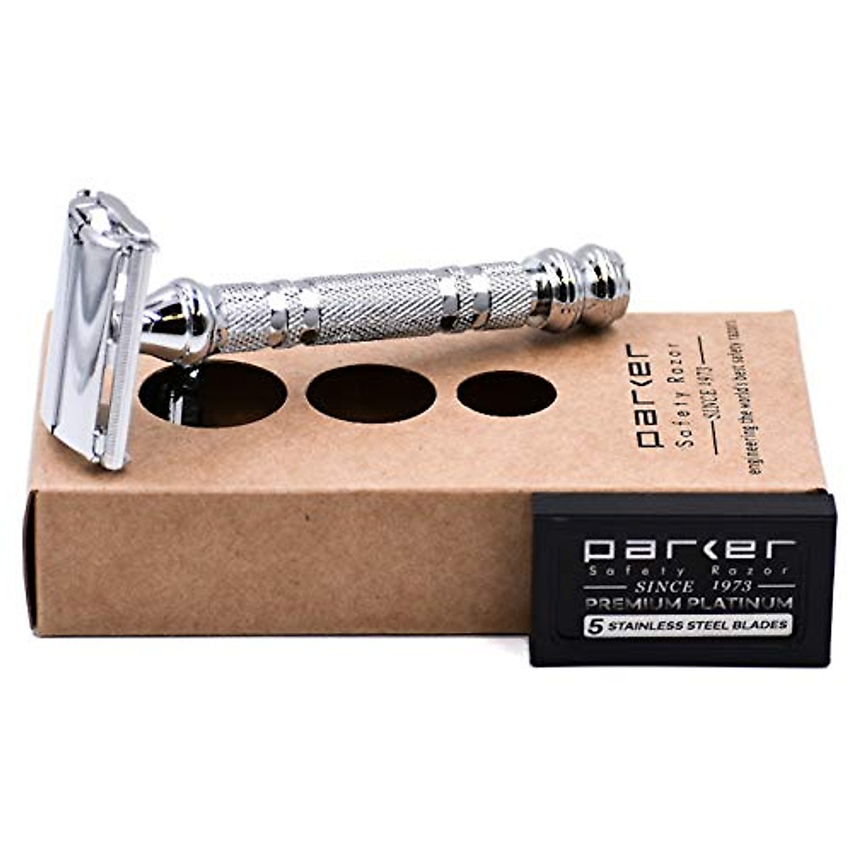 Parker 66R Twist-to-Open Double Edge Safety Razor with 5 Parker Platinum Blade Refills for Smooth and Close Shaves