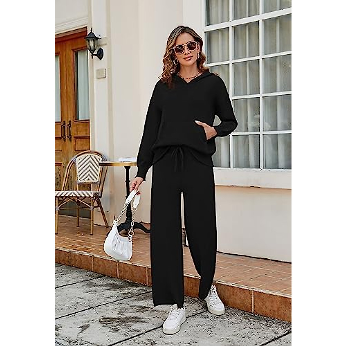 Pink Queen Women's 2 Piece Sweater Outfits Set Pullover Hoodie Top Wide Leg Pants Knit Sweatsuit Lounge Sets Black L