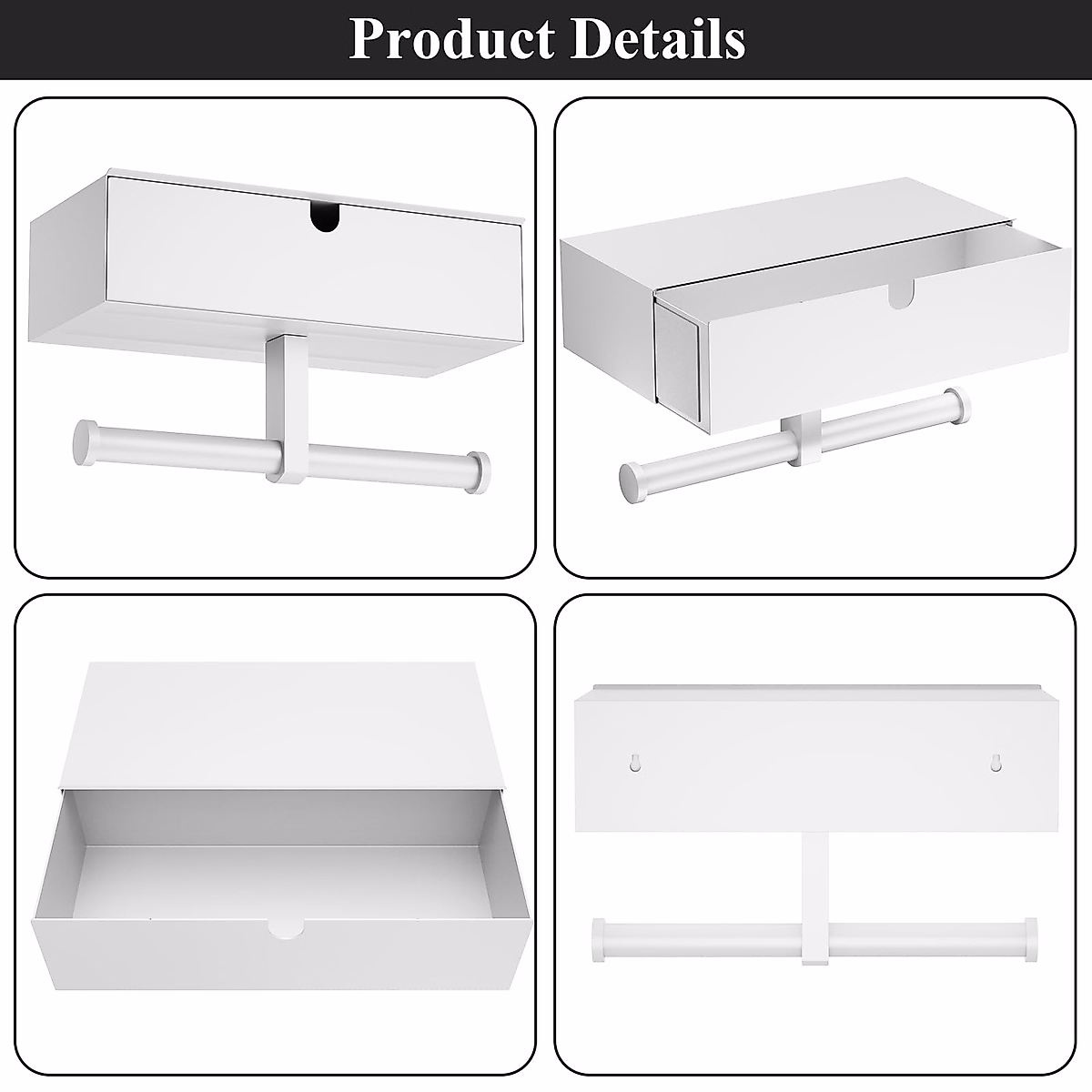 Tindbea Toilet Paper Holder with Storage - Stainless Steel Wall Mounted Toilet Paper Holder with Shelf, Flushable Wipes Holer Dispenser, Tampon Storage for Bathroom, Double Tissue Roll Holder, White