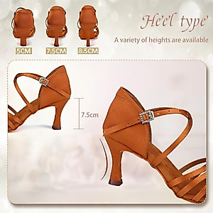 JUODVMP Women's Latin Dance Shoes Brown Satin Open Toe 3 inch Heel Ballroom Salsa Dance Sandals with Suede Sole,8US