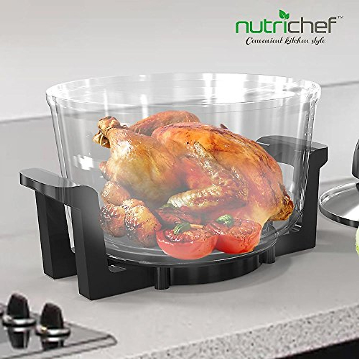 Nutrichef Convection Countertop Toaster Oven - Healthy Kitchen Glass Air Fryer Roaster Oven, Bake, Grill, Steam Broil, & Roast - Includes Glass Bowl, Broil Rack, & Toasting Rack - 18 Quart Capacity