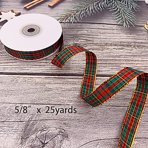 5/8" Christmas Ribbons Xmas Plaid Ribbons Craft Ribbon Checked Ribbon Bows Wrapping Ribbons with Measuring Tape for Christmas Party Decoration (25 Yards)