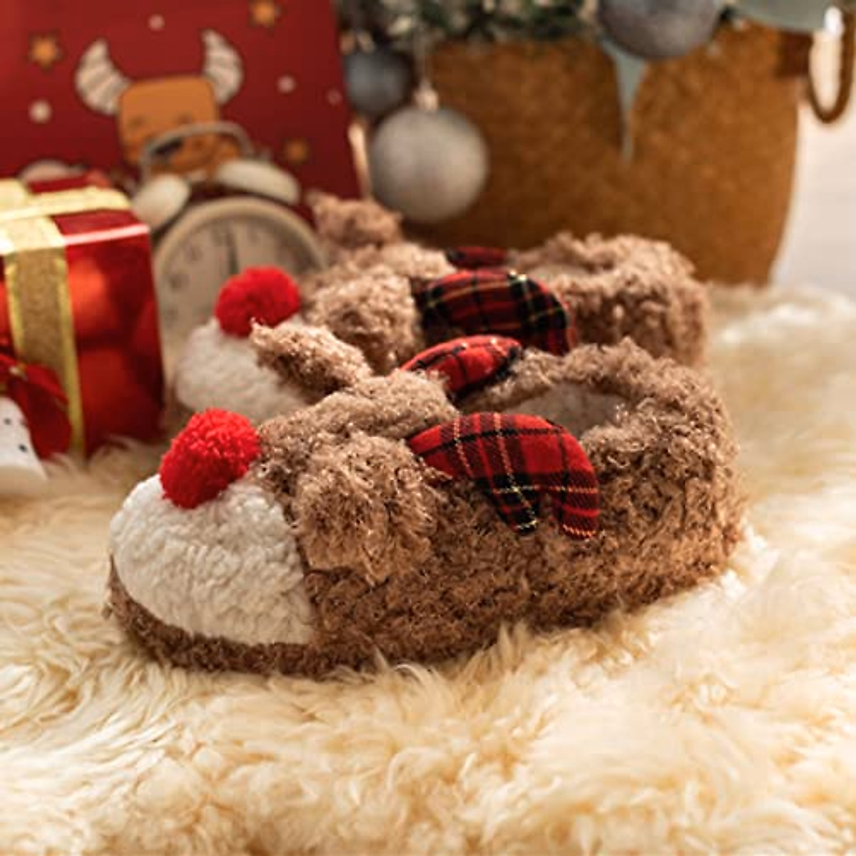 Nixlepus Women's Reindeer Slippers Bedroom House Animal Slipper Cozy Furry Christmas Red Nose Reindeer Rudolph Winter (Size EU 39/US 9/UK 7)