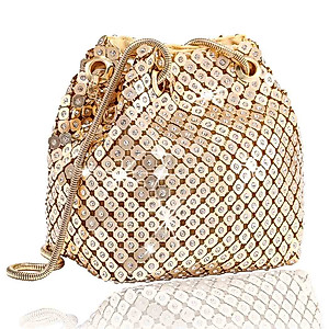 Yokawe Women's Bling Crystals Evening Clutch Bag Sparkly Metal Sequins Purse Glitter Rhinestone Bucket Bags Prom Cocktail Party Wedding Handbags (Gold)