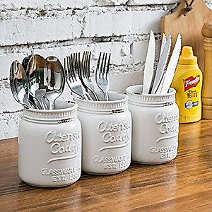 MyGift Farmhouse White Ceramic Mason Jar Utensil Holder with Embossed Design, Decorative Flatware Display Jars, Set of 3