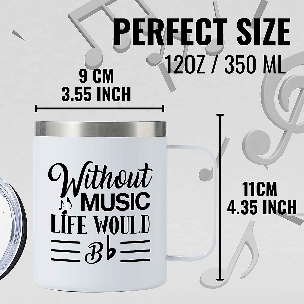 Onebttl Music Lover Gifts For Men, Male, Him - Without Music Life Would B Flat - 12 oz /350 ml Insulated Mugs with Lid - Musician Gifts, Musical Lovers Gift - (White)