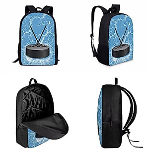 AmzPrint Ice Hockey 3 In 1 School Backpack Set 17 Inch Black Shoulder Student Backpack Insulated Lunch Box Pencil Bag Set