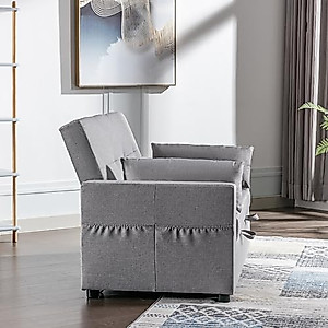 Haplized Loveseat Sleeper Sofa Bed, Light Grey Linen Fabric Convertible Sleeper Sofa with Pull-Out Couch Bed & Adjustable Cushions Backrest, Reclining Loveseat with Side Pocket for Living Room