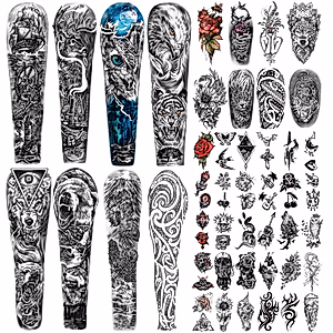46 Sheets Lion Wolf Full Arm Temporary Tattoo for Women or Men Rose Flower Snake Half Arm Temporary Tattoos for Girls Boys Long Lasting Bird Angel Fake Tattoo for Kids