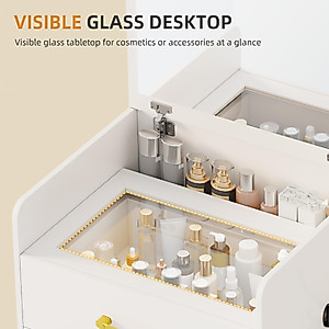 Gurexl 3 in 1 Vanity Desk with Plip Top Mirror,Small Make Up Vanity Set with Visible Glass Desktop,Compact Makeup Vanity with 3 Drawers,Cushioned Tool,Dressing Table for Bedroom