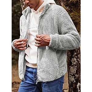 Mens Fuzzy Sherpa Jacket Cardigan Fleece Long Sleeve Full Zip Open Front Thermal Coat Fall Winter Outwear (Medium, Grey)