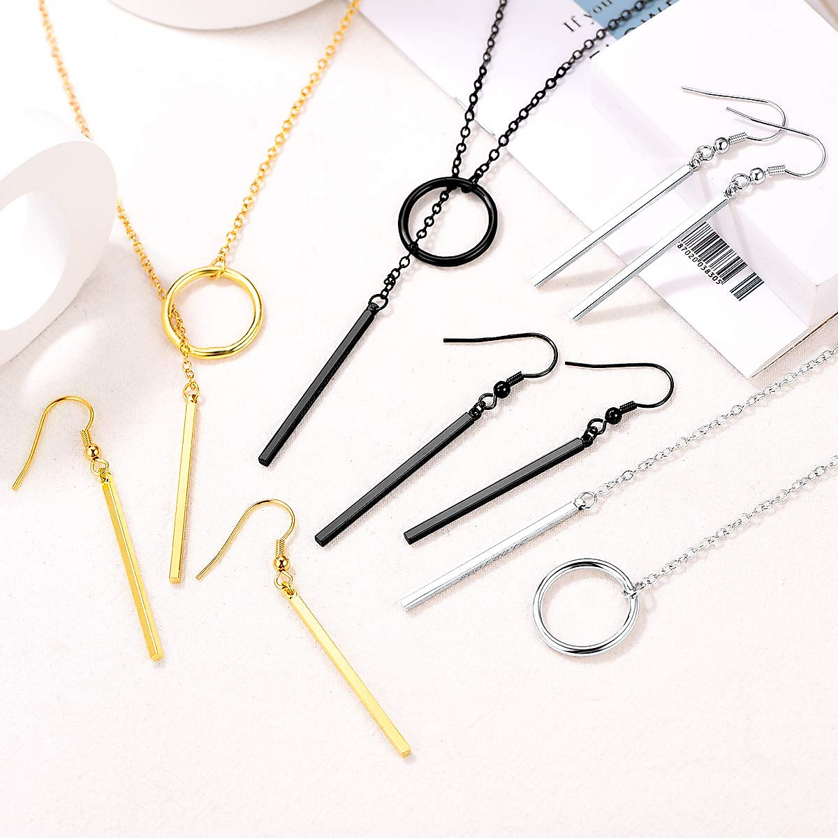 FOCALOOK Black Necklace Earrings Set for Women Long Black Lariat Chain with Drop Vertical Bar Earrings Jewelry Set