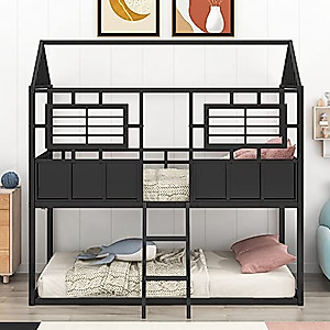 BIADNBZ Twin Over Twin Metal Bunk Bed House Shaped, Sturdy Low Bunkbed Frame with Roof and Fence-Shaped Guardrail, for Kids Boys Girls, Black