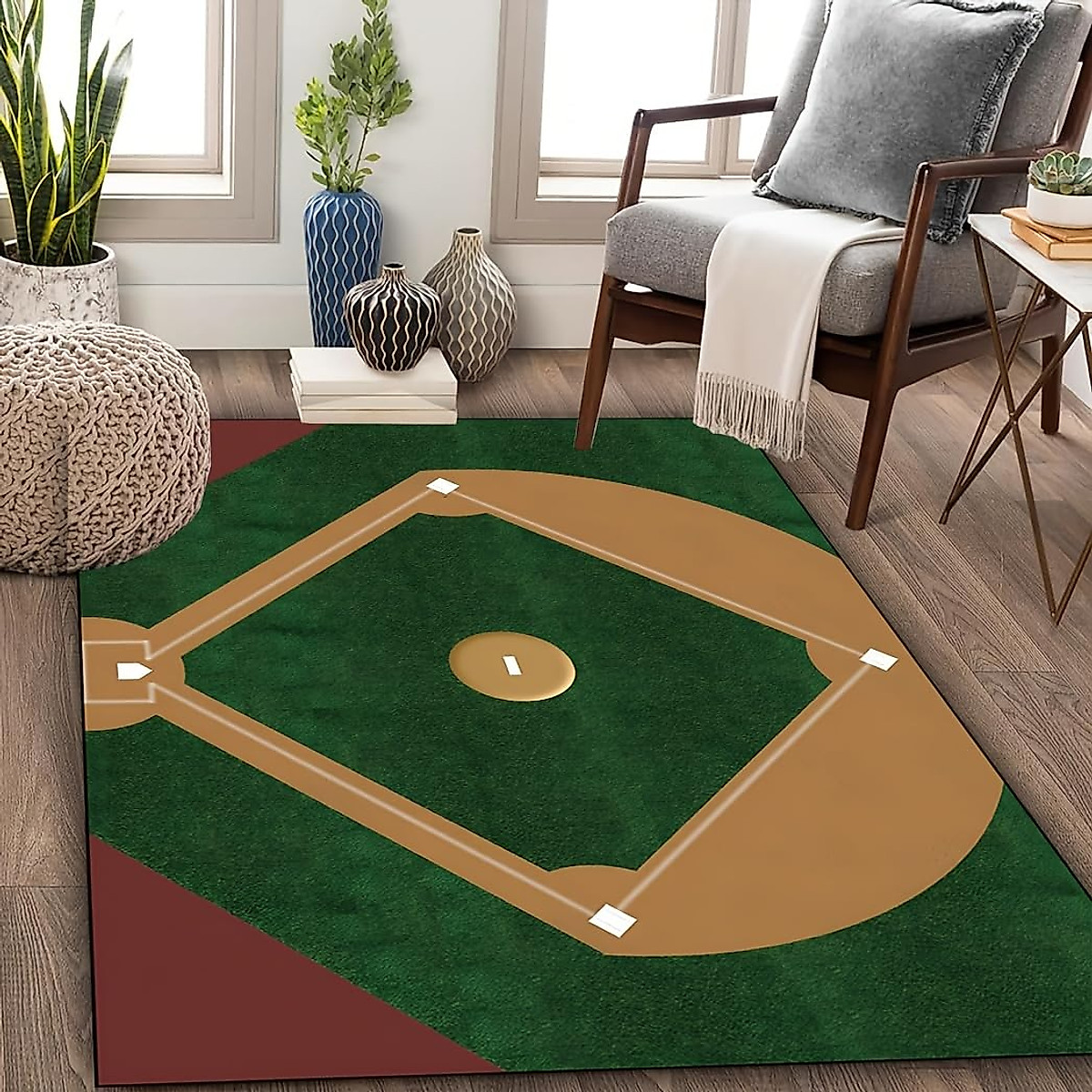 Baseball Field Area Rug, 6x8ft, Retro Sports Field Carpet for Living Room, Sports Theme Durable Anti-Slip Rug, Low Pile Non-Shedding Absorbent Home Decor Carpets for Family Boy Room