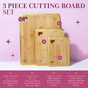 Paris Hilton Reversible Bamboo Cutting Board Set with Heart Shaped Cut-Out Design, Glamorous Gold Edge Detail and Multiple Board Sizes, 3-Pieces, Gold