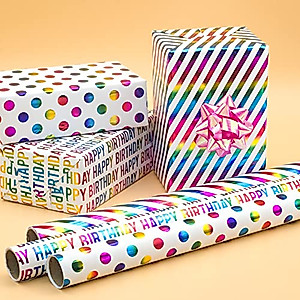 LDGOOAEL Mini Short Birthday Wrapping Paper Roll - 17" X 120" Per Roll - Colorful Foil with Stripes, Dots & Happy Birthday Lettering Gift Wrapping Paper for Holiday, Birthday, Wedding, Baby Shower