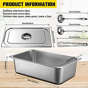 6 Pack Hotel Pan with Lids Set 20.8"L x 12.8"W 22 Gauge Full Size Anti Steam Table Pan 0.8 mm Thick 304 Stainless Steel Hotel Pans for Restaurant Kitchen Food Warmer Cooking Heat (6 Inch)