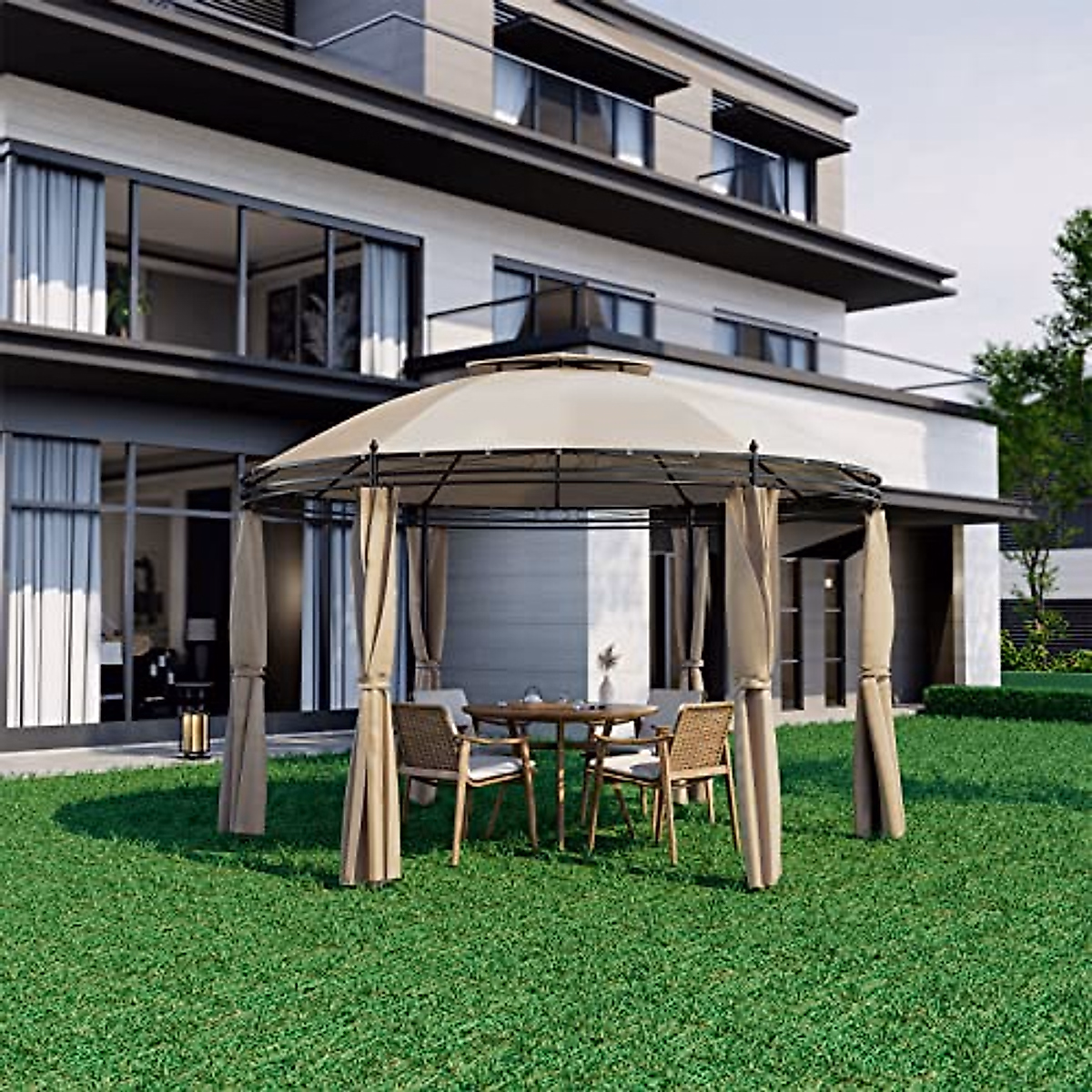 Tangkula 11.5x11.5 ft Round Patio Gazebo, 2-Tier Dome Gazebo with Removable Side Curtains, Heavy Duty Steel Frame, Outdoor Gazebo Pavilion for Backyard, Deck, Poolside, Garden (Brown)