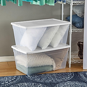 Sterilite 90 Qt Storage Box, Stackable Bin with Lid, Plastic Container to Organize Clothes, Blankets, Towels in Closet, Clear with White Lid, ‎29.75"L x 13.5"W x 18.75"H, 4-Pack