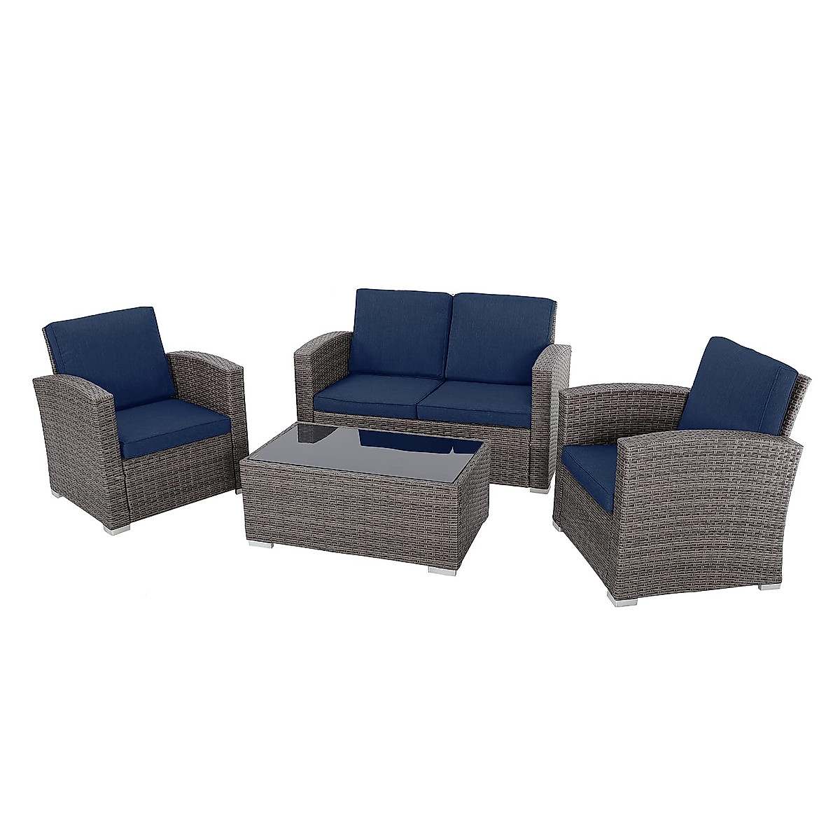 JOIVI Patio Furniture Set, 4 Piece Outdoor Patio Conversation Set, All-Weather PE Rattan Wicker Sectional Patio Sofa Set with Tempered Glass Coffee Table for Family Gatherings, Navy Blue