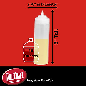 Tablecraft Plastic Condiment Squeeze Bottles, Foodservice Restaurant Commercial Grade Widemouth 53mm Empty Squirt Dispenser for Olive Oil, BBQ Sauce, Dressing, Food Prep, 8 oz, 237 mL, Clear, 6