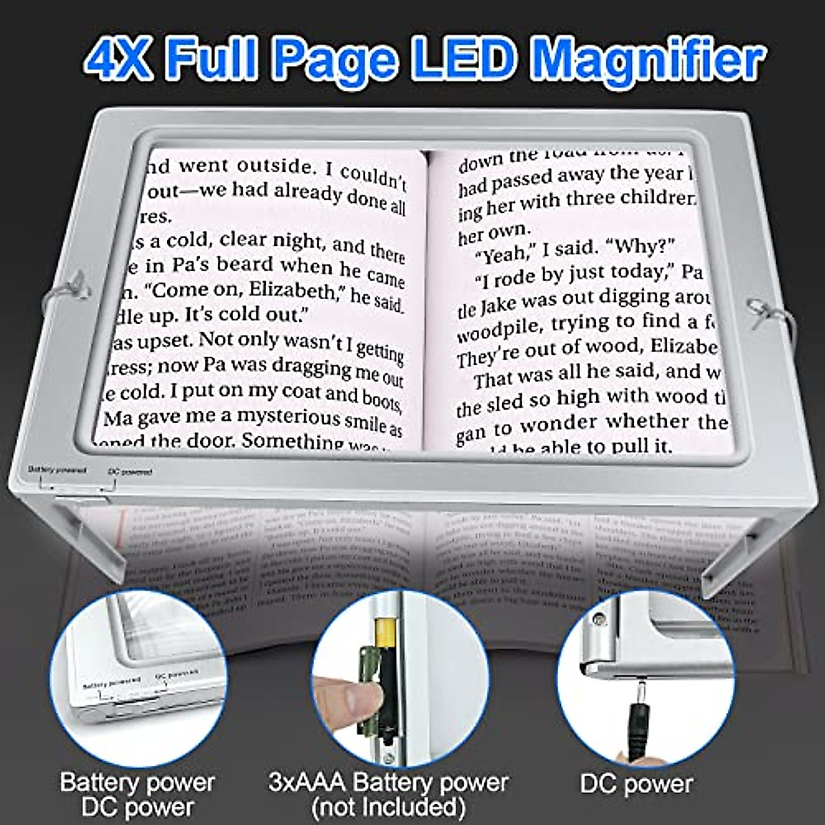 Magnifying Glass with Light and Stand, Silver 4X Page Magnifier for Reading, Foldable 50 LED Large Magnifying Glass Ideal for Seniors, 2 Power Options, 3 Usage Modes