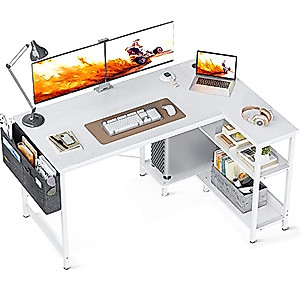 ODK Small L Shaped Computer Desk, 55 Inch Corner Desk with Reversible Storage Shelves & PC Stand for Home Office Workstation, Modern Simple Writing Study Table with Storage Bag for Small Space, White