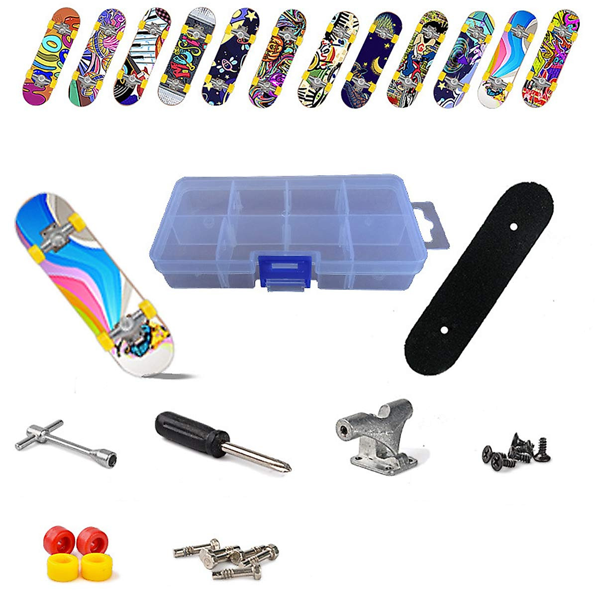YICHUMY DIY Fingerboard Kit with Box 5 Packs Mini Fingerboards Professional Mini Skateboard Finger Skateboard with Mini Wrench/Screwsdriver/Brackets/Screws/Fingerboard Wheels Wheels