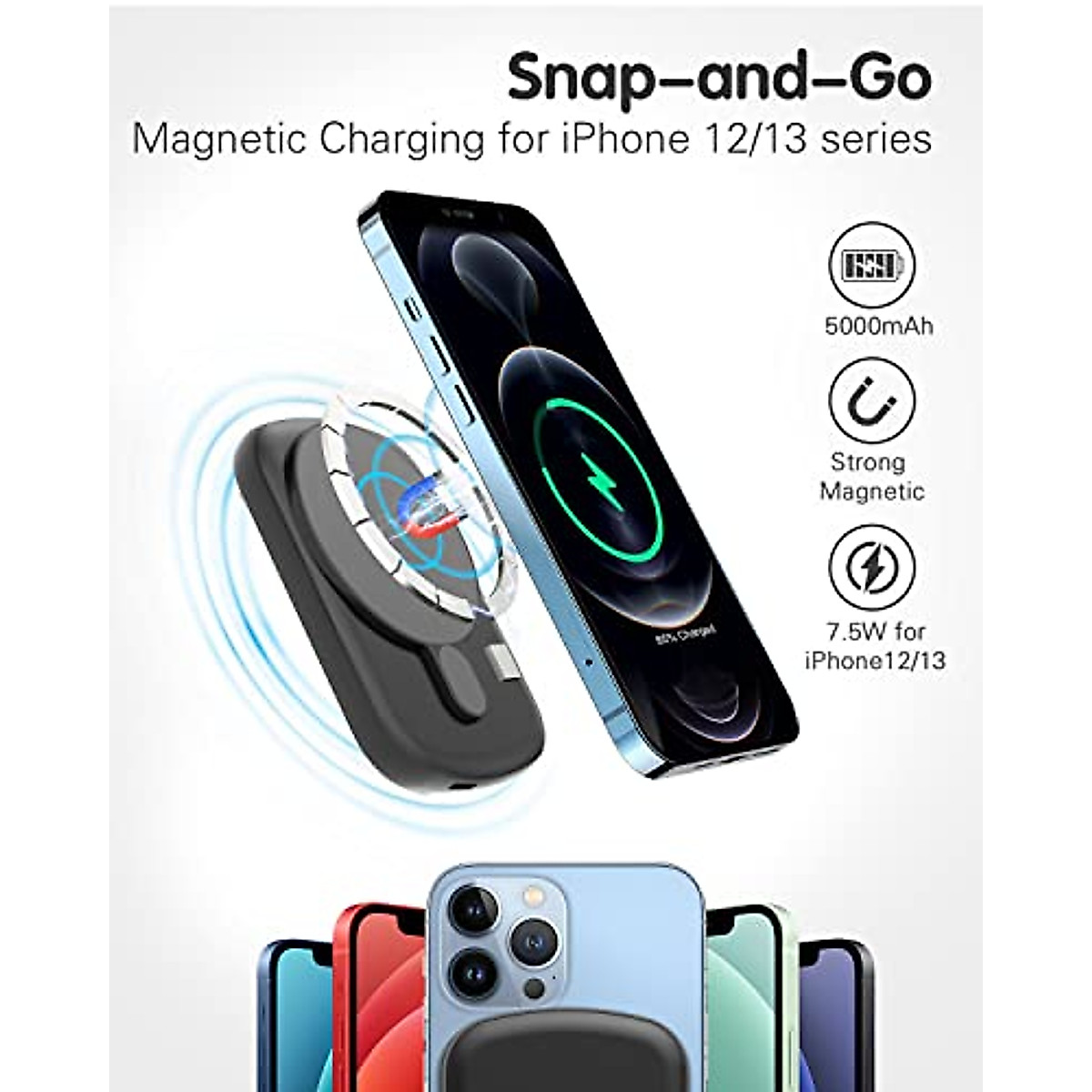 YaNovate Magnetic Power Bank, 5000mAh Magnetic Wireless Power Bank Portable Charger, PD 20W External Battery Pack Compatible with iPhone 12/13 Pro/12 Pro Max/12Mini - Black