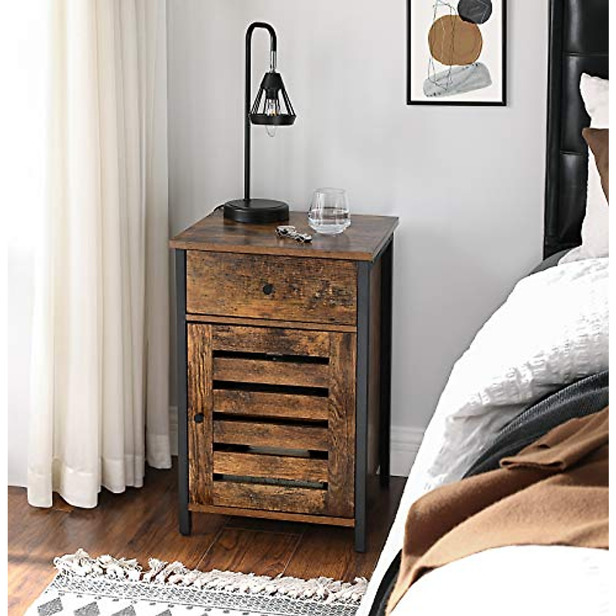 VASAGLE Nightstand, Side Table with Drawer, Shutter Door, End Table with Adjustable Shelf, Metal Frame, Industrial Style, Rustic Brown and Black ULET063B01