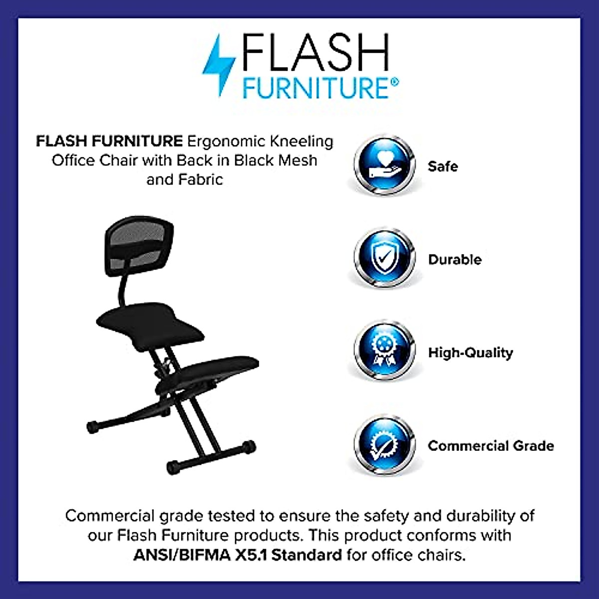 Flash Furniture Ergonomic Kneeling Office Chair with Back in Black Mesh and Fabric