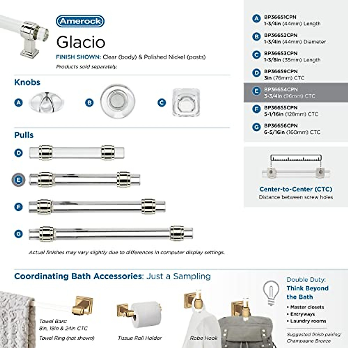 Amerock | Cabinet Pull | Clear/Polished Nickel | 3-3/4 inch (96 mm) Center to Center | Glacio | 1 Pack | Drawer Pull | Drawer Handle | Cabinet Hardware