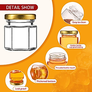GIVAMEIHF 60Pcs Mini Glass Honey Jars,1.5oz Hexagon Small Honey Jars with Wooden Dippers,Gold Bags,Bee Charms,Thank You Cards,Rope,Stickers,Mini Honey Jars Party Favors for Baby Shower Wedding