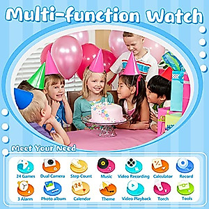 Kids Smart Watches,Gifts for Age 3-12 Boys Girls Dual Camera Touchscreen,Unicorn Digital Smart Watch for Kids with 24 Games, Pedometers，Music, Calculator,Learning Toys Birthday Gifts for Kids Blue