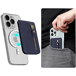 Cavor Compatible with Magsafe Wallet,Wallet with Adjustable Stand,Magnetic Wallet for iPhone 16 Pro Max/14 Pro/15/14 Plus/13/12,Magsafe Card Holder,Magsafe Phone Wallet,Zipper Pocket-Blue