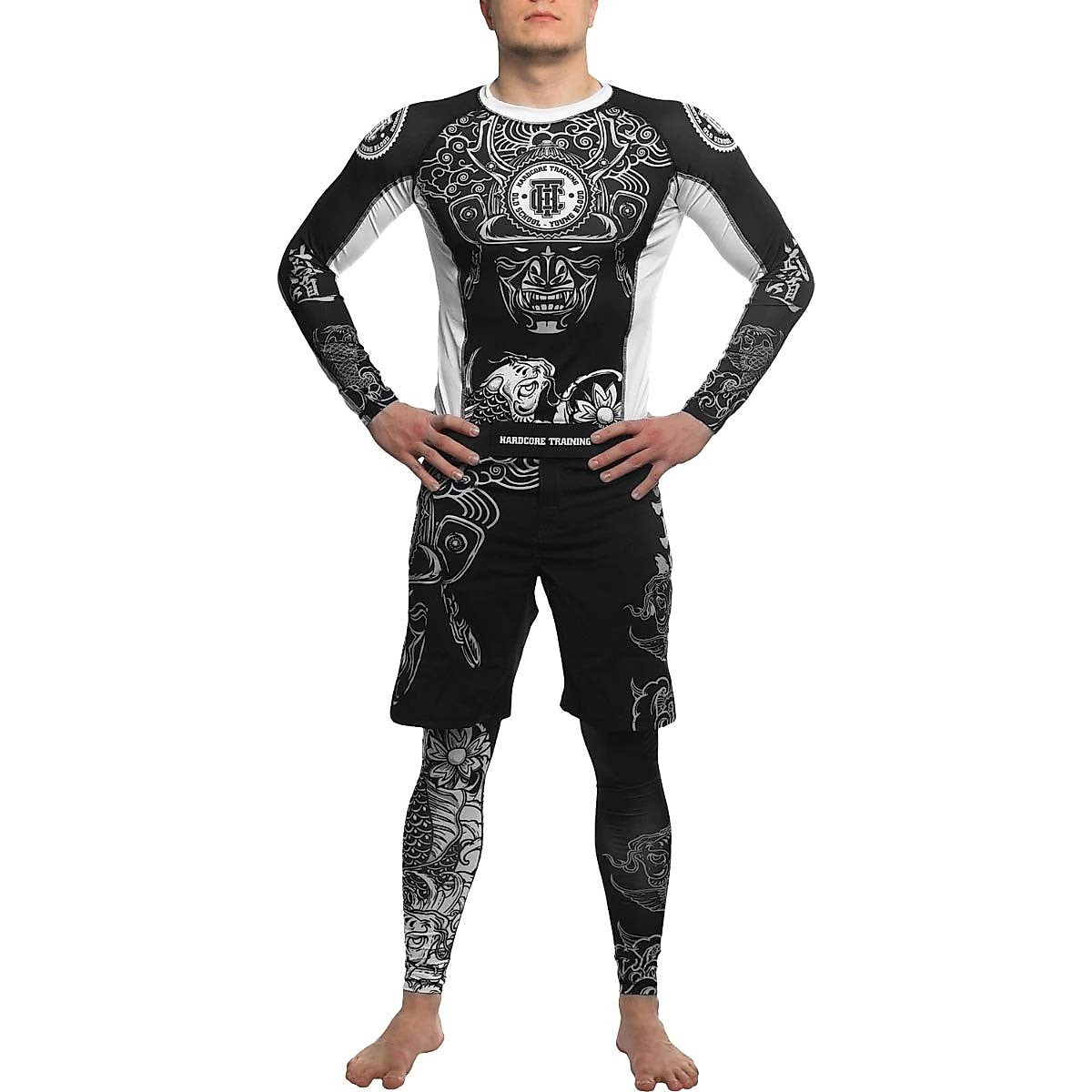 Hardcore Training Pitbull City Men's Rash Guard Compression Long Sleeve Jiu Jitsu MMA No-Gi Tight BJJ Grappling Base Layer Combat Black